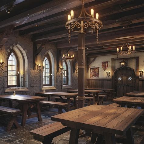Premium Photo A Medieval Tavern With Wooden Tables And Benches Lit By