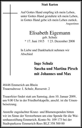 Traueranzeigen Von Elisabeth Eigemann Trauer In Nrw De