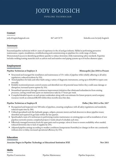 Pipeline Technician Resume Cv Example And Writing Guide