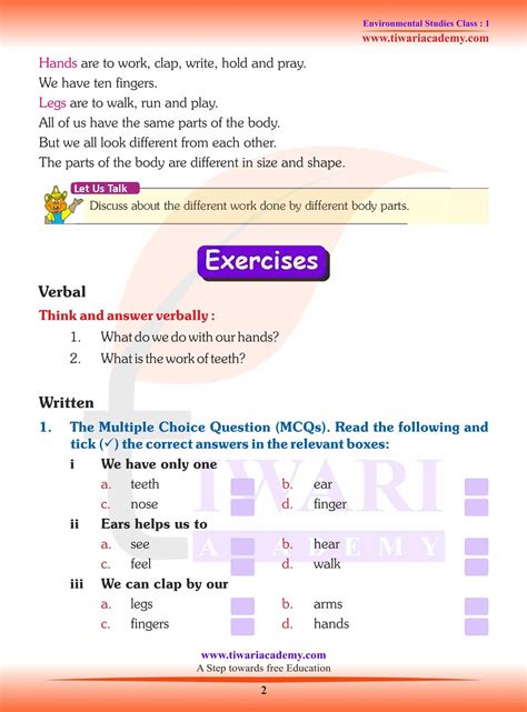 Ncert Solutions For Class 1 Evs Chapter 1 Our Body