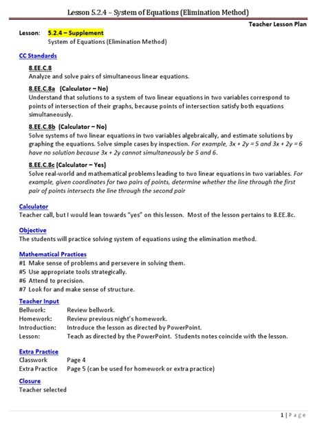 lesson system of equations elimination method pdf equations