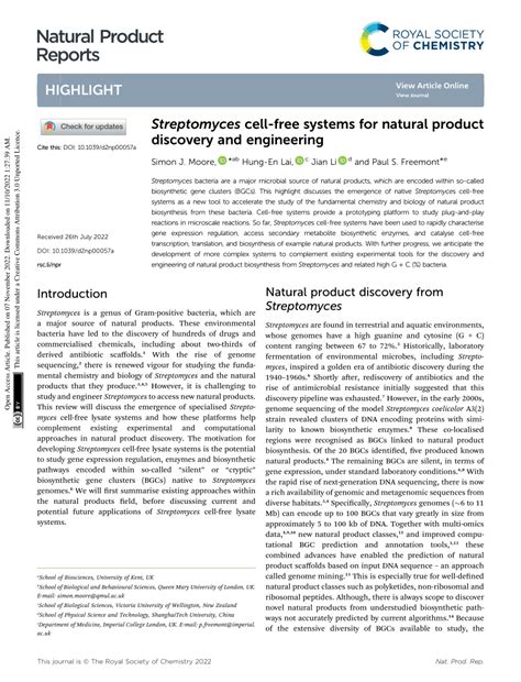 Pdf Streptomyces Cell Free Systems For Natural Product Discovery And