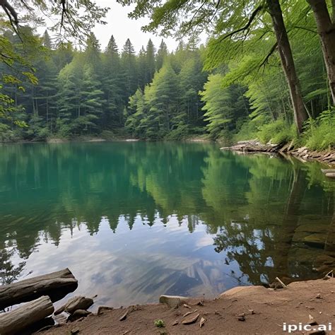 Tranquil Forest Lake Reflecting Lush Green Trees And Clear Blue Sky