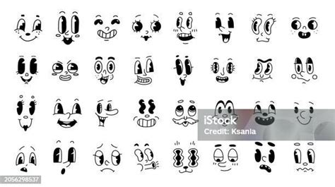 복고풍 그루비 30 년대 50 년대 만화 및 오래 된 만화 얼굴 세트 캐리커처 마스코트 캐릭터 감정 행복한 빈티지 애니메이션 눈과 입 벡터 손으로 그린 재미 있는 얼굴