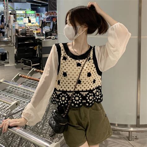 페이크 투피스 앤틱 레트로 크로셰 자카드 스타일 꽃 무늬 자수 폴카 도트 펀칭 시스루 라운드넥 박시 박스 여리 핏 스캘럽 니트 민소매 긴팔 퍼프 소매 블라우스 봄 가을