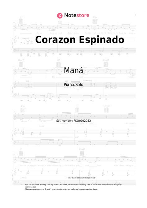 Corazon Espinado Piano Sheet Music Santana Maná In Note Piano Solo Sku Pso0102032