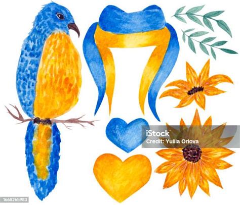 우크라이나 국기의 색상에 다양한 요소가 있는 다채로운 수채화 컬렉션입니다 새 배너 해바라기 하트 녹색 잎은 흰색 배경에 격리되어 있습니다 개체 그룹에 대한 스톡 벡터 아트