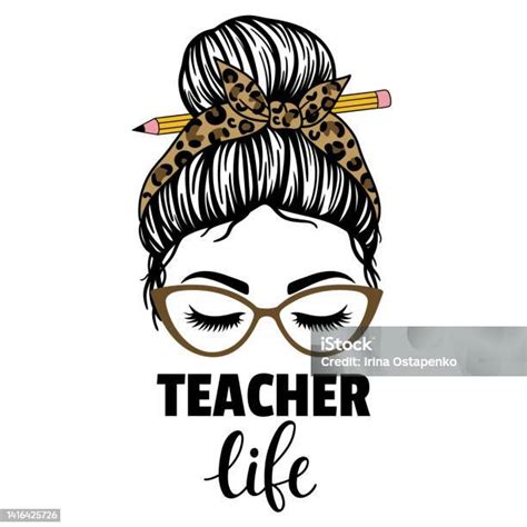 교사 생활 지저분한 롤빵 스타일 안경 반다나 및 표범 인쇄물에있는 여성의 얼굴 학교로 돌아 가기 포스터 티셔츠 교사의 날 엽서에