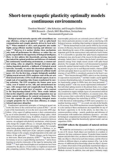 Short Term Synaptic Plasticity Optimally Models Continuous Environments Deepai