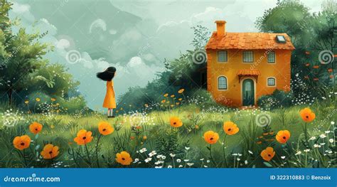 A Pixelated Artwork Featuring A Girl Surrounded By Flowers In Front Of A House Stock Image