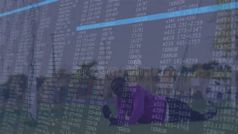 Teenage Goalkeeper Scanning Incoming Shot Crouching While Tech Overlay Scrolling And Saving Goal