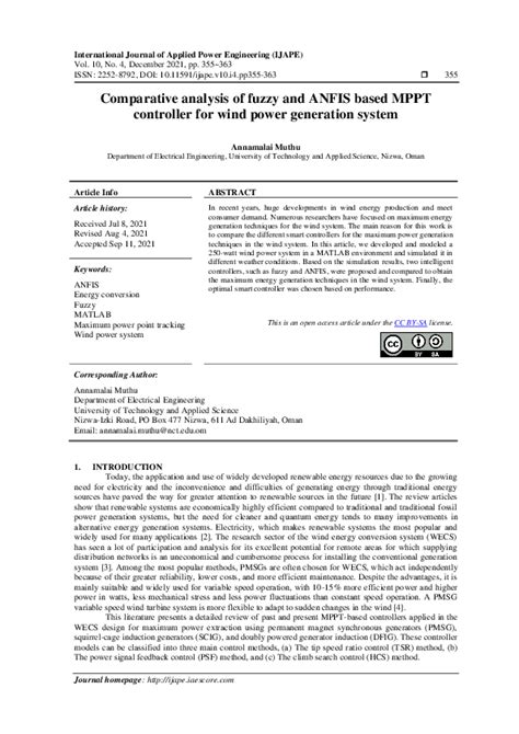 Pdf Comparative Analysis Of Fuzzy And Anfis Based Mppt Controller For Wind Power Generation System