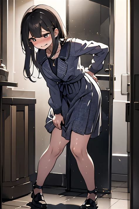 Anime Girl With Backpack Leaning Against Wall In Bathroom With Open