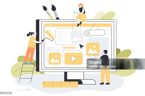 웹 사이트 인터페이스를 변경하는 크리에이티브 미니 디자이너 만족한에 대한 스톡 벡터 아트 및 기타 이미지 만족한 유명한 장소 작업 장비 Istock