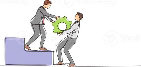 Continuous One Line Drawing Businessman Helping His Partner To Lifting Cogs Or Gears On Top Of