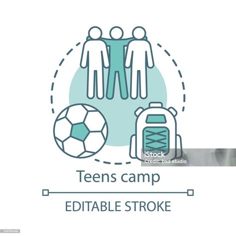 청소년 캠프 개념 아이콘입니다 여름 청년 클럽 커뮤니티 아이디어 얇은 라인 일러스트 십대 휴가 리조트 방과 후 시설 벡터 절연 윤곽선 도면 편집 가능한 스트로크 놀기에 대한