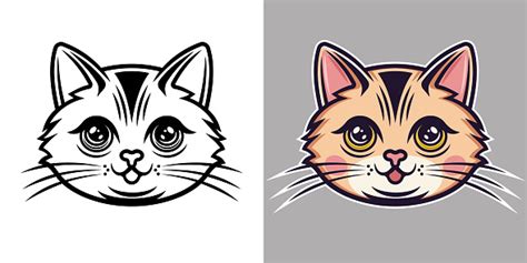 고양이 머리 만화 캐릭터 벡터 일러스트 레이 션 두 Syles 흰색 바탕에 검은 색과 회색 배경에 컬러 스타일 가축에 대한 스톡