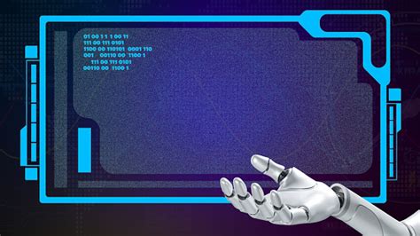 Hud Ui 표시 화면의 빈 공간을 보여주는 로봇 손 미래 지향적 인 가상 화면 프레임입니다 Hud 미래 지향적 인 사용자 인터페이스 가상 기술 디스플레이 문자 메시지 또는