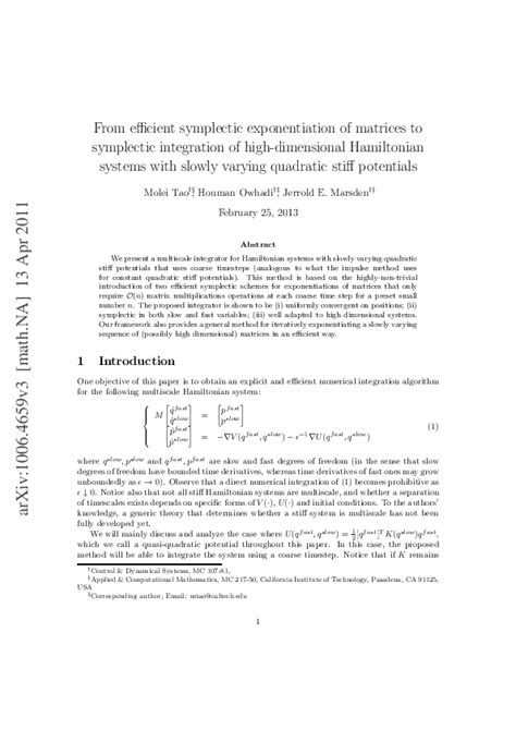 Pdf Symplectic Integration Of High Dimensional Hamiltonian Systems With Slowly Varying