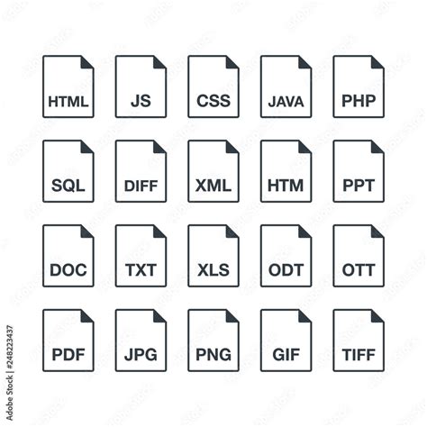 Black Popular Line Document File Format Icons Set Multi Types Simple Flat Design Vector