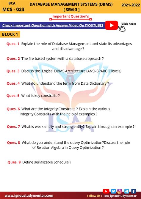 Mcs 23 Dbms Imp Ques Pdf I Important Questions Click Here Mcs