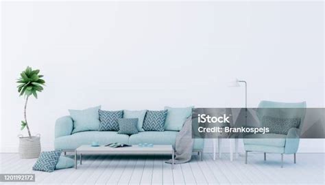 파란색 벨벳 가구와 흰색 벽 복사 공간 3d 렌더링 장식 식물 흰색 거실 인테리어 디자인 밝은 청색에 대한 스톡 사진 및 기타