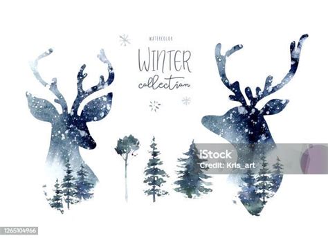 사슴 머리를 가진 수채화 겨울 숲 산에서 소나무 전나무와 크리스마스 트리 풍경 흰색 배경에 격리 된 손으로 그린 스노우 홀리데이 디자인 12월에 대한 스톡 벡터 아트 및