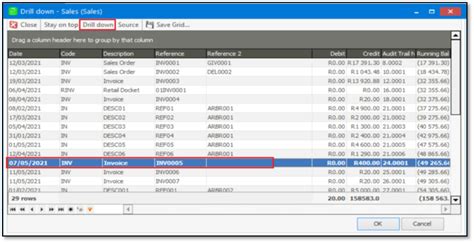 sage 200 evolution drill down to source documents from within reports