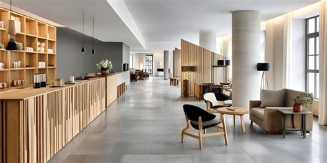 Modern Spacious Hotel Lobby With Minimalist Wooden Furniture Cozy Seating Areas Decorative