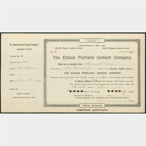 Edison Portland Cement Company New Jersey 50 Shares Common Stock