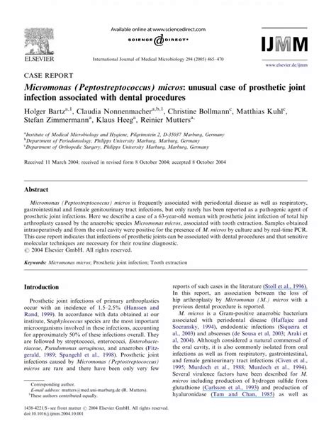 Pdf Micromonas Peptostreptococcus Micros Unusual Case Of Prosthetic Joint Infection