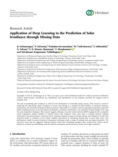 Pdf Application Of Deep Learning To The Prediction Of Solar Irradiance Through Missing Data