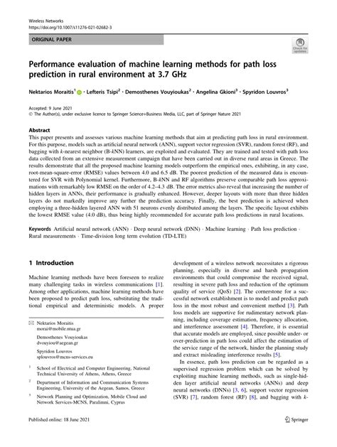 Pdf Performance Evaluation Of Machine Learning Methods For Path Loss Prediction In Rural