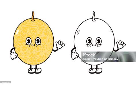 귀여운 재미있는 멜론 흔들리는 손 캐릭터 윤곽선 만화 일러스트 레이 션을 색칠 공부 책 벡터 손으로 그린 전통 만화 빈티지 복고풍 멜론 캐릭터 흰색 배경에 고립 0명에 대한