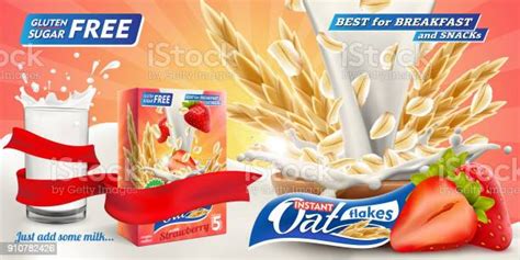맛 있는 귀리 유리 광고 전단지 벡터 일러스트 레이 션에에서 원시 딸기와 큰 우유 스플래시와 조각 포장 상자 디자인 샘플입니다 고품질 예술 광고 Broshure 포스터 또는