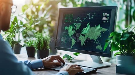 Man Using Computer For Global Data Analysis With World Map And Charts