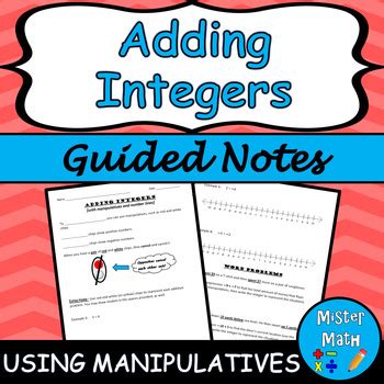 Adding Integers Using Manipulatives Number Lines Guided Notes