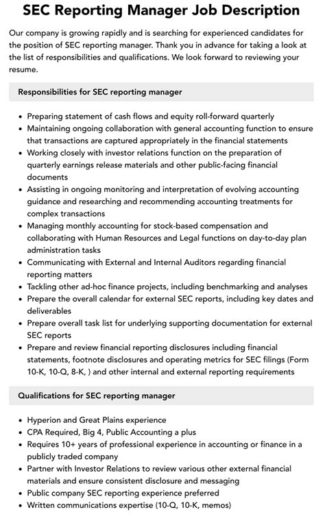 Sec Reporting Manager Job Description Velvet Jobs