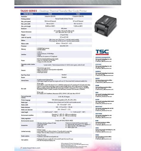 Tsc Ta220 Barcode Printer Max Print Width 4 Inches Resolution 203 DPI 8 Dots Mm At Rs