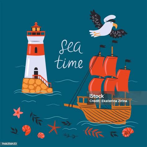 귀여운 갈매기 배 등대가 있는 항해 엽서 벡터 그래픽입니다 갈매기에 대한 스톡 벡터 아트 및 기타 이미지 갈매기 등장인물 Regatta Istock