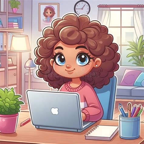 Animated Young Girl With Curly Hair Using A Laptop At A Cozy Home