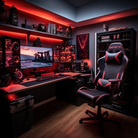 Premium Ai Image Gaming Computer Setup Rgb Lighting And Curved Monitor Gaming Chair Rgb