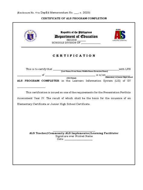 Enclosure No 04 Certificate Of Als Program Completion Pdf