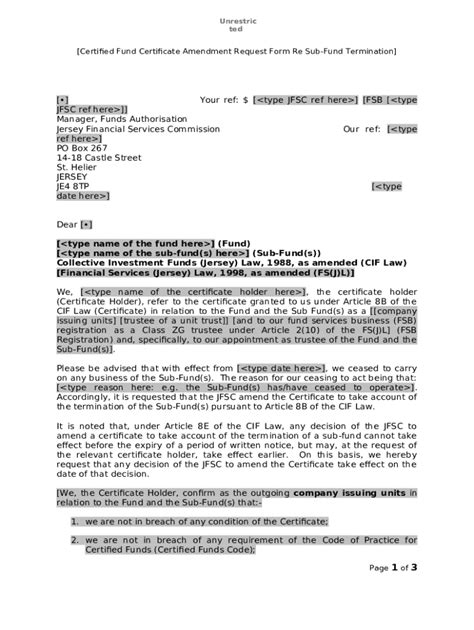 Cif Certificate Amendment Request Re Sub Fund Termination Doc Template Pdffiller