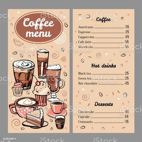 뜨거운 음료와 디저트의 목록과 함께 커피 메뉴 디자인 템플릿 다채로운 머그잔과 케이크와 함께 커버 화려한 벡터 개요 손을 갈색 바탕에 그려진된 그림 가리기에 대한 스톡 벡터