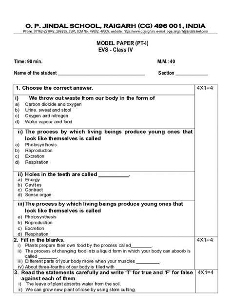 Fillable Online Evs Model Paper For Class Iv Fax Email Print Pdffiller