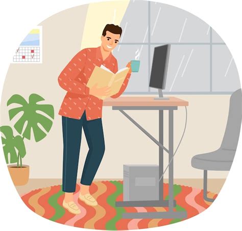 Premium Vector Young Man Reading Book Standing Near Table With Computer In Living Room