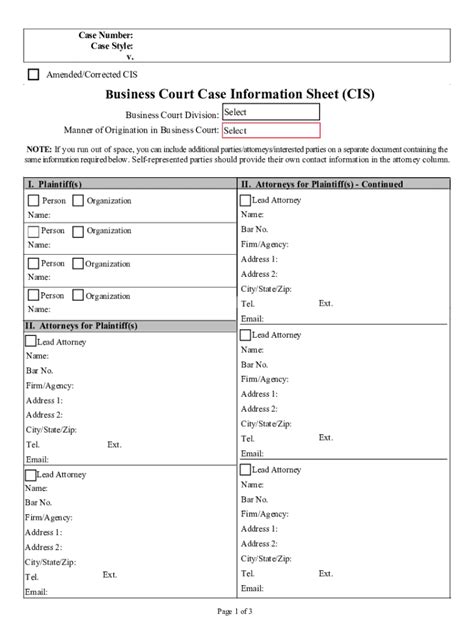 Fillable Online Business Court Case Information Sheet Cis Fax Email