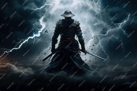 Epic Samurai Warrior In Thunderstorm With Lightning Strikes In Dramatic