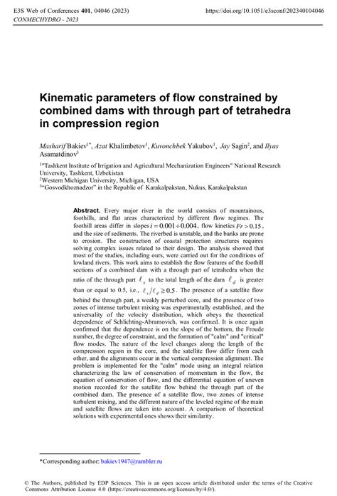 Pdf Kinematic Parameters Of Flow Constrained By Combined Dams With